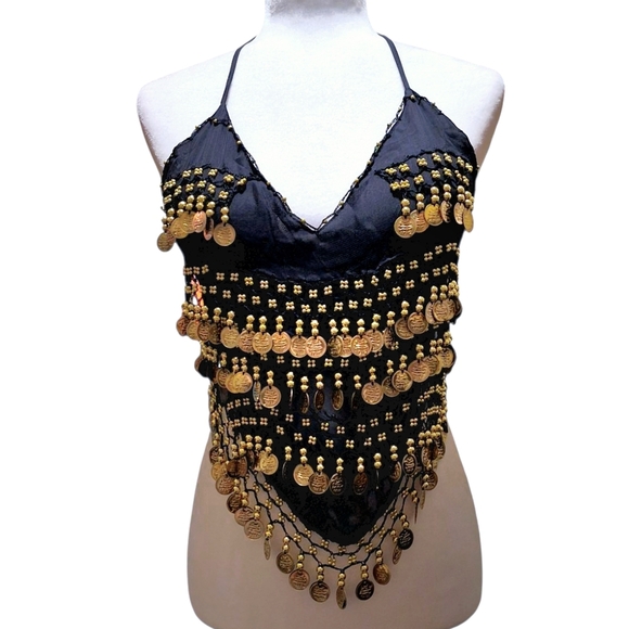 Tops | Belly Dancer Style Black Chiffon Coin Medallian Fringe Halter ...